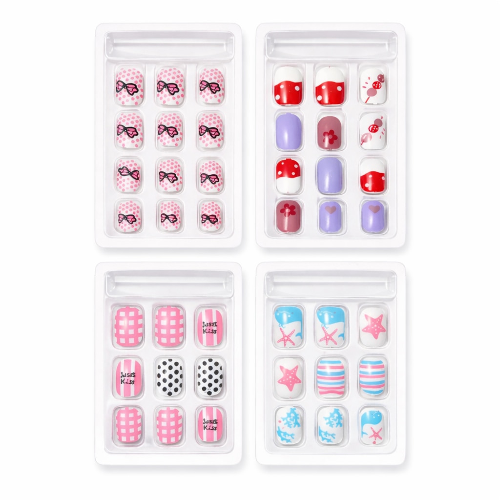 Set Unghii False pentru Copii, 4 Modele Colorate, Aplicare Usoara, 4 ...