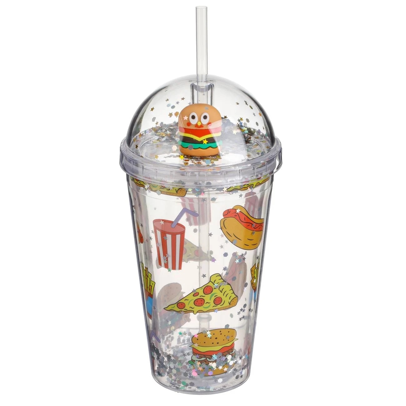 Pahar din Plastic Transparent cu Capac Pai & Model Fast Food 475ml ...