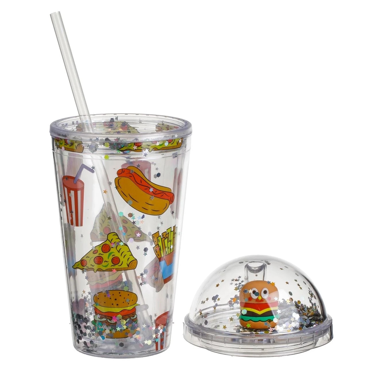 Pahar din Plastic Transparent cu Capac Pai & Model Fast Food 475ml ...