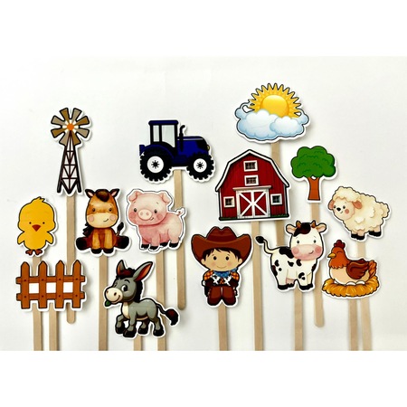 Set toppere tort Ferma, DecoParty, 14 figurine, carton, suporti din ...