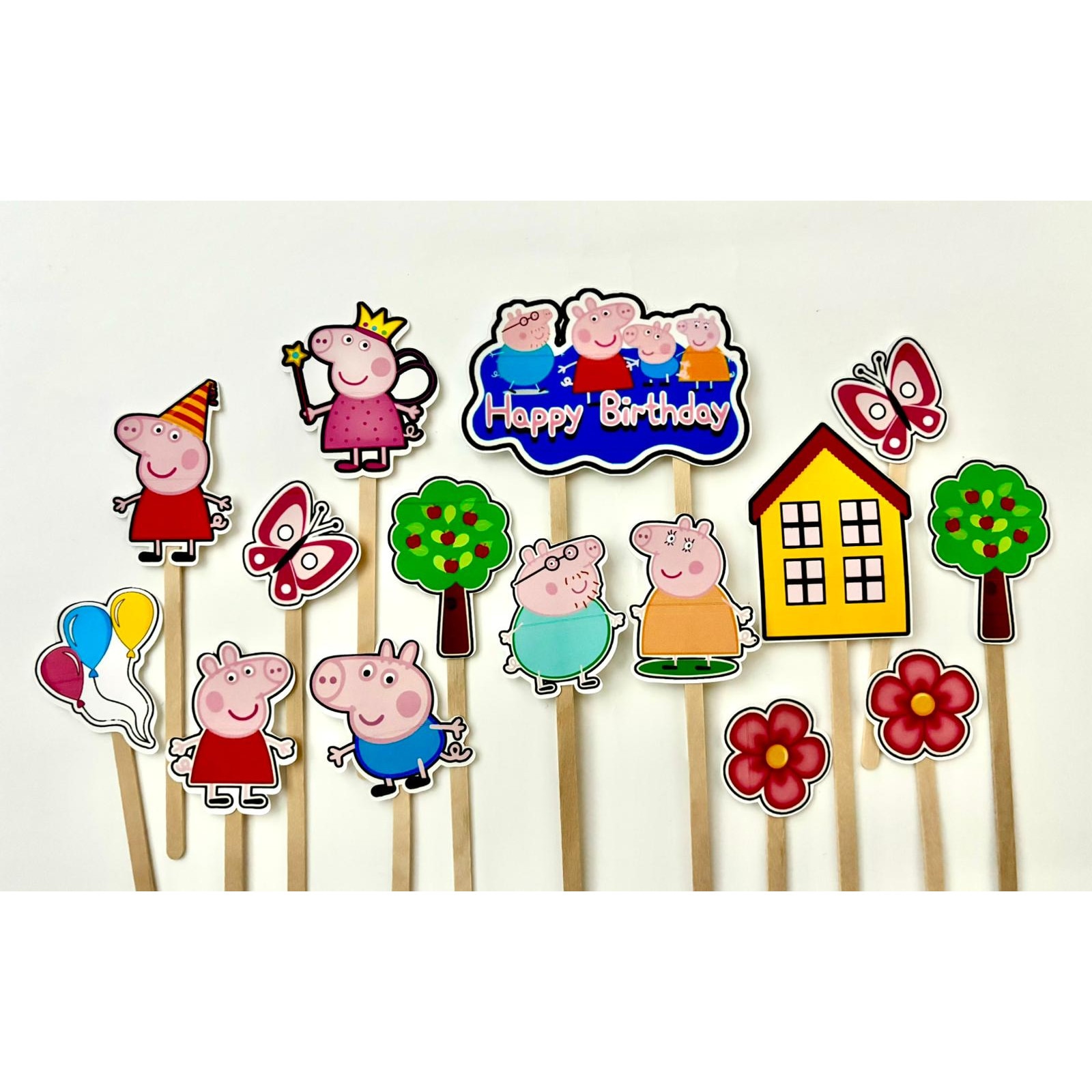 Set toppere tort Pepa Pig, DecoParty, 15 figurine, carton, suporti din ...