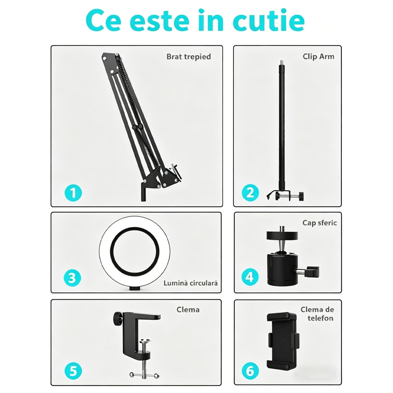 Suport pentru telefon cu lumina inelara, brat flexibil, compatibil cu ...