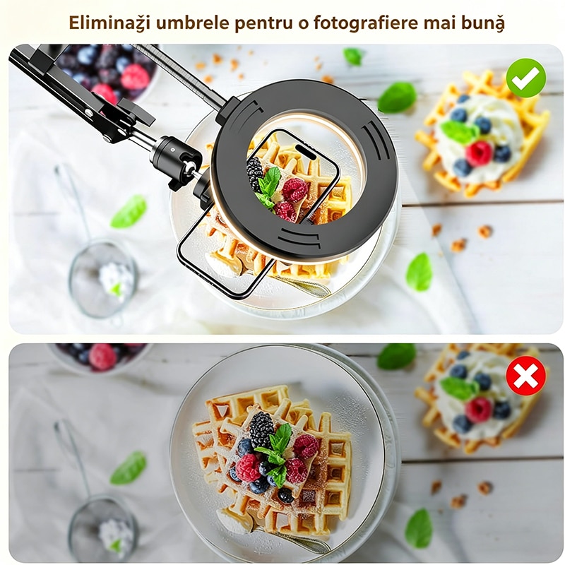 Suport pentru telefon cu lumina inelara, brat flexibil, compatibil cu ...