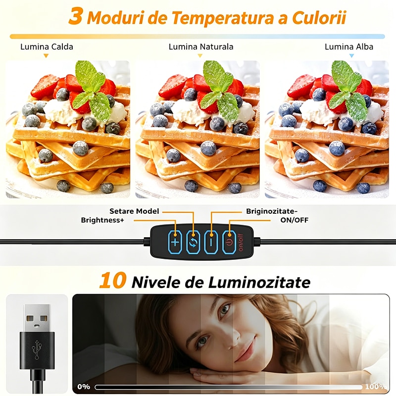 Suport pentru telefon cu lumina inelara, brat flexibil, compatibil cu ...