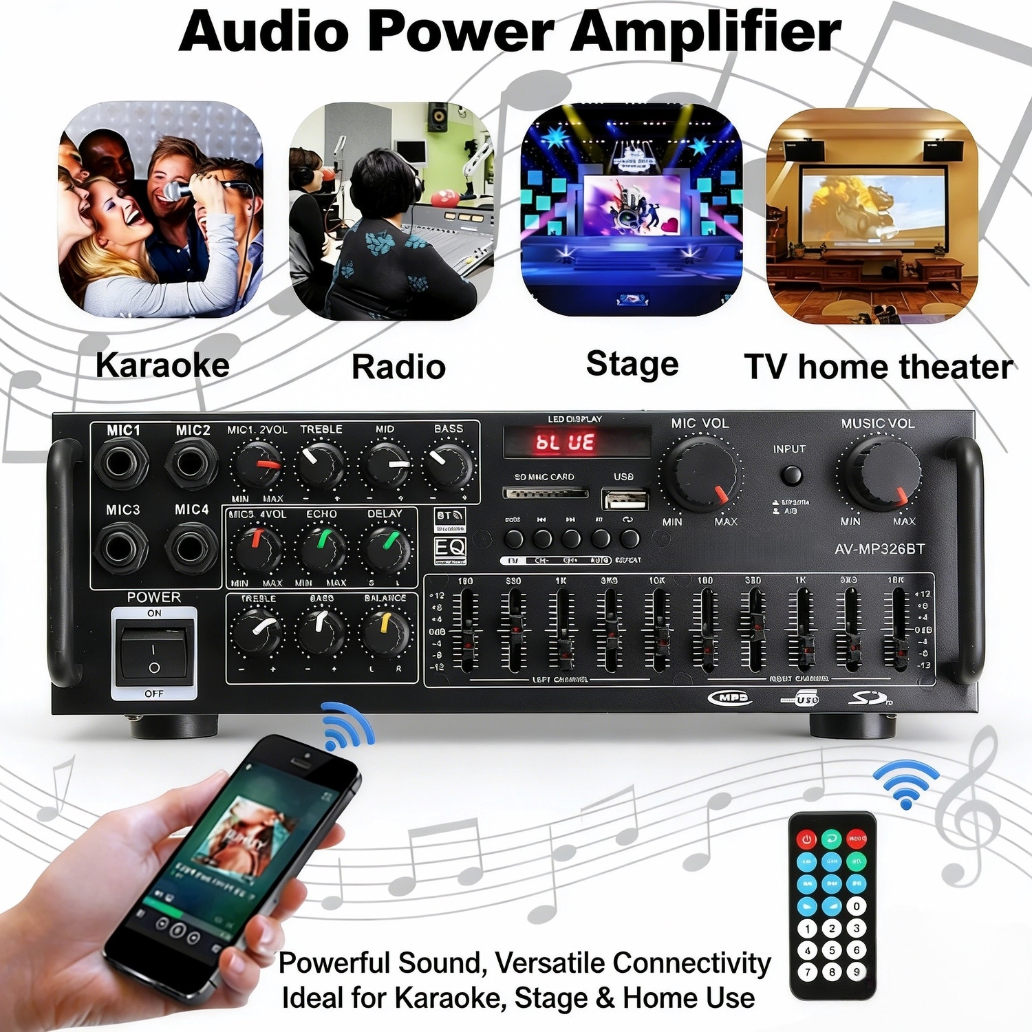Amplificator Audio Profesional, MOSMAOO®, AV-MP326BT, Putere 2000W ...