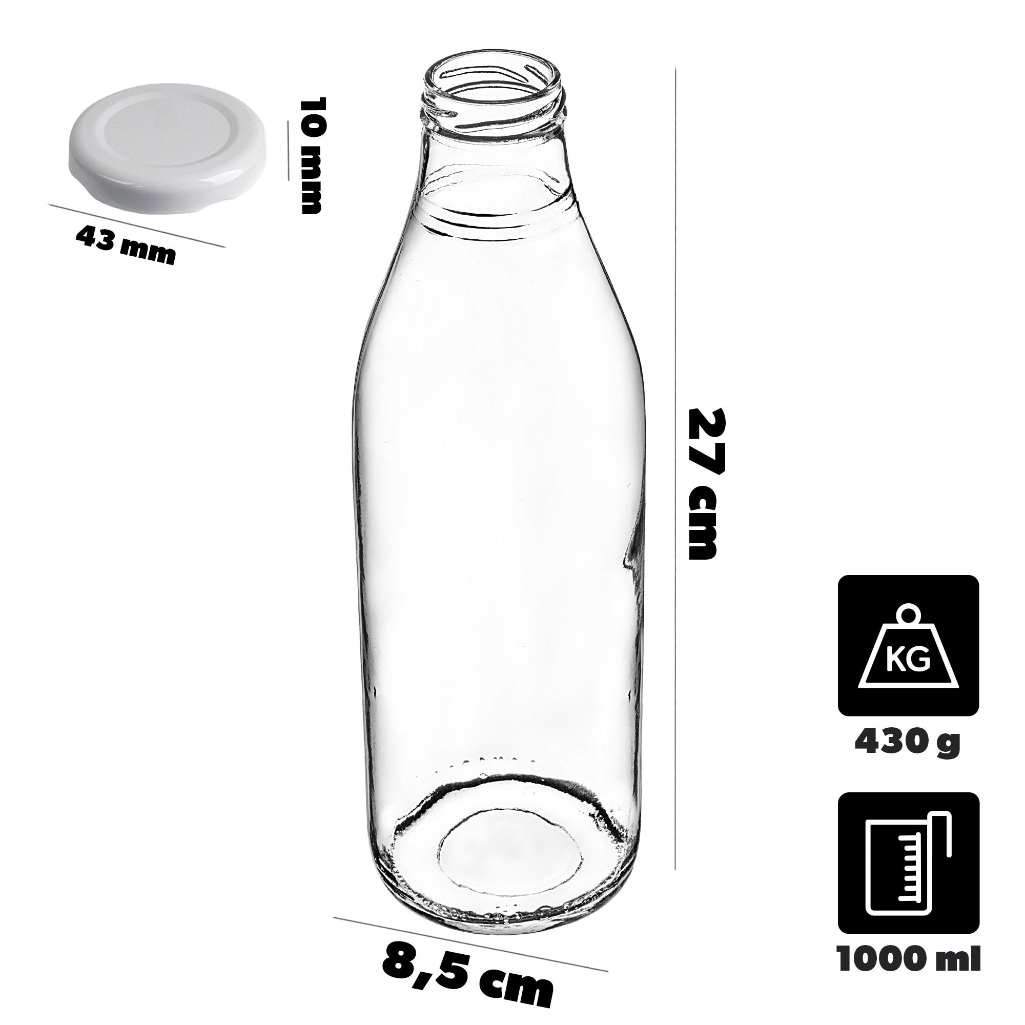 Sticla de lapte KADAX 1L, sticla transparenta, capac metalic alb, set ...