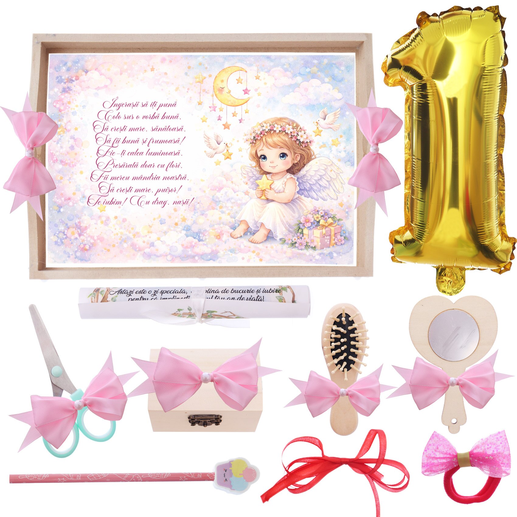 Set pentru mot/turta, model ingeras, roz, 10 piese, 35x20 cm, Recostore ...