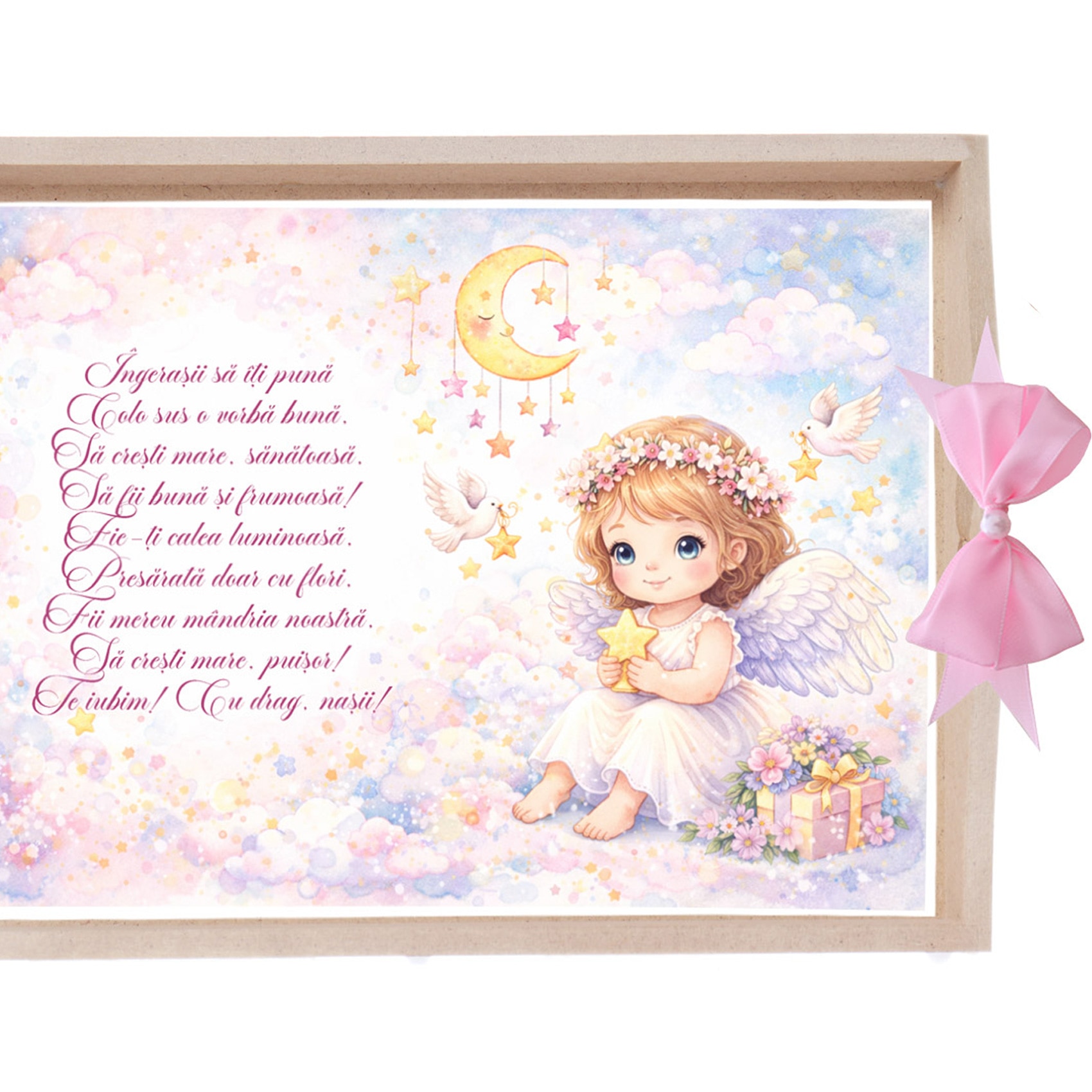 Set pentru mot/turta, model ingeras, roz, 10 piese, 35x20 cm, Recostore ...