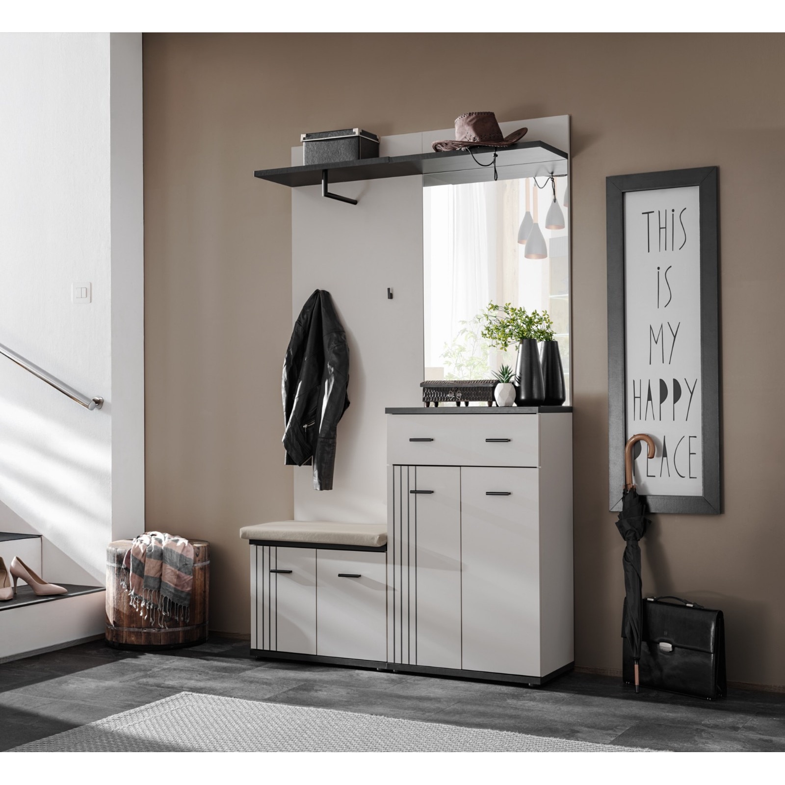 Cuier hol cu pantofar, pal casmir cu negru, cu model riflaj, 120 cm ...