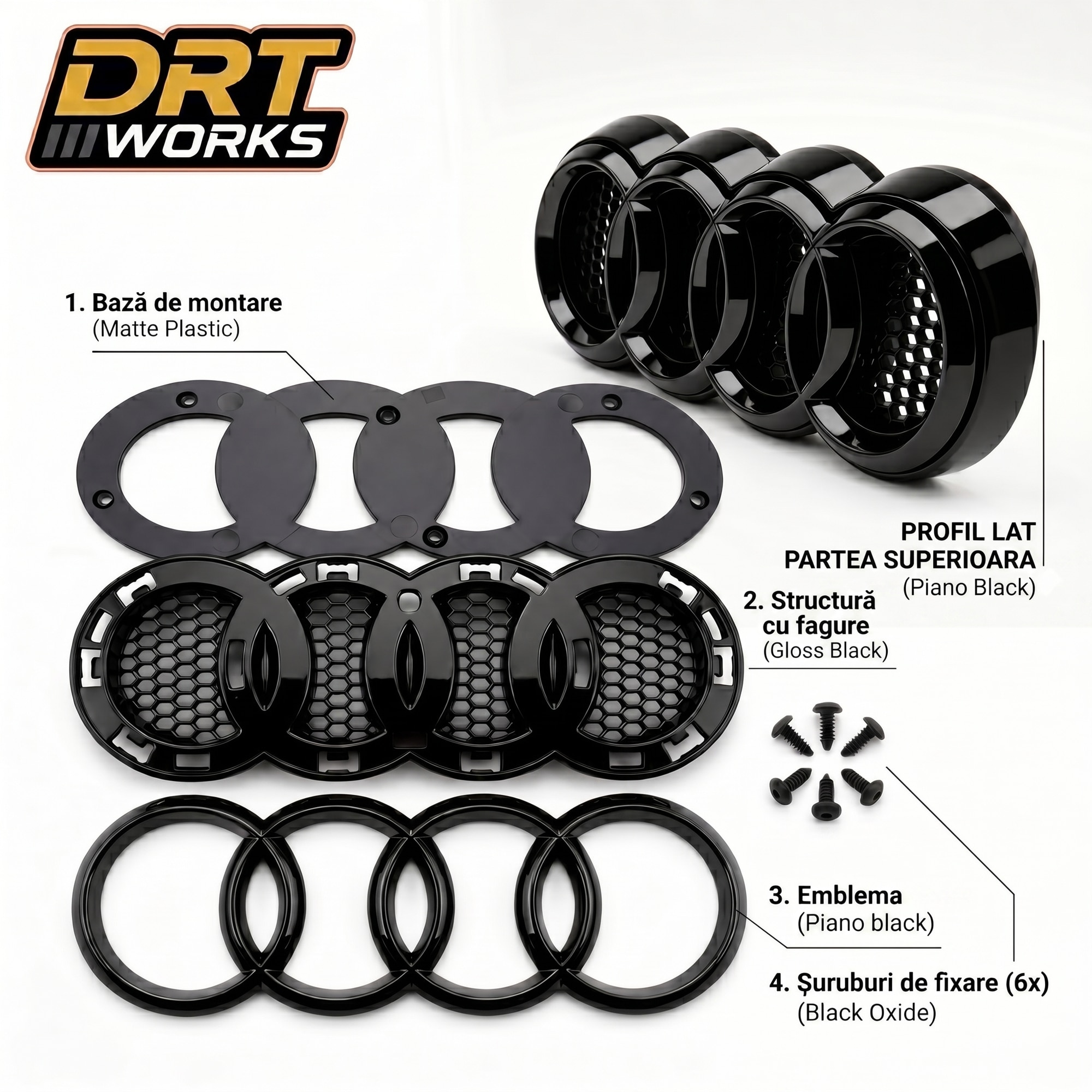 Suport Emblema Audi pentru Grila Fagure RS Look DRT WORKS + Emblema ...