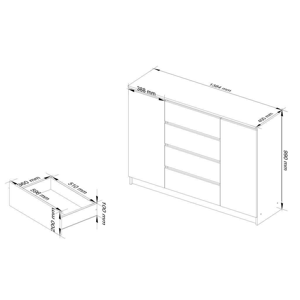 Comoda cu sertare si usi laterale, PAL laminat, 138x40x99 cm, alb mat ...