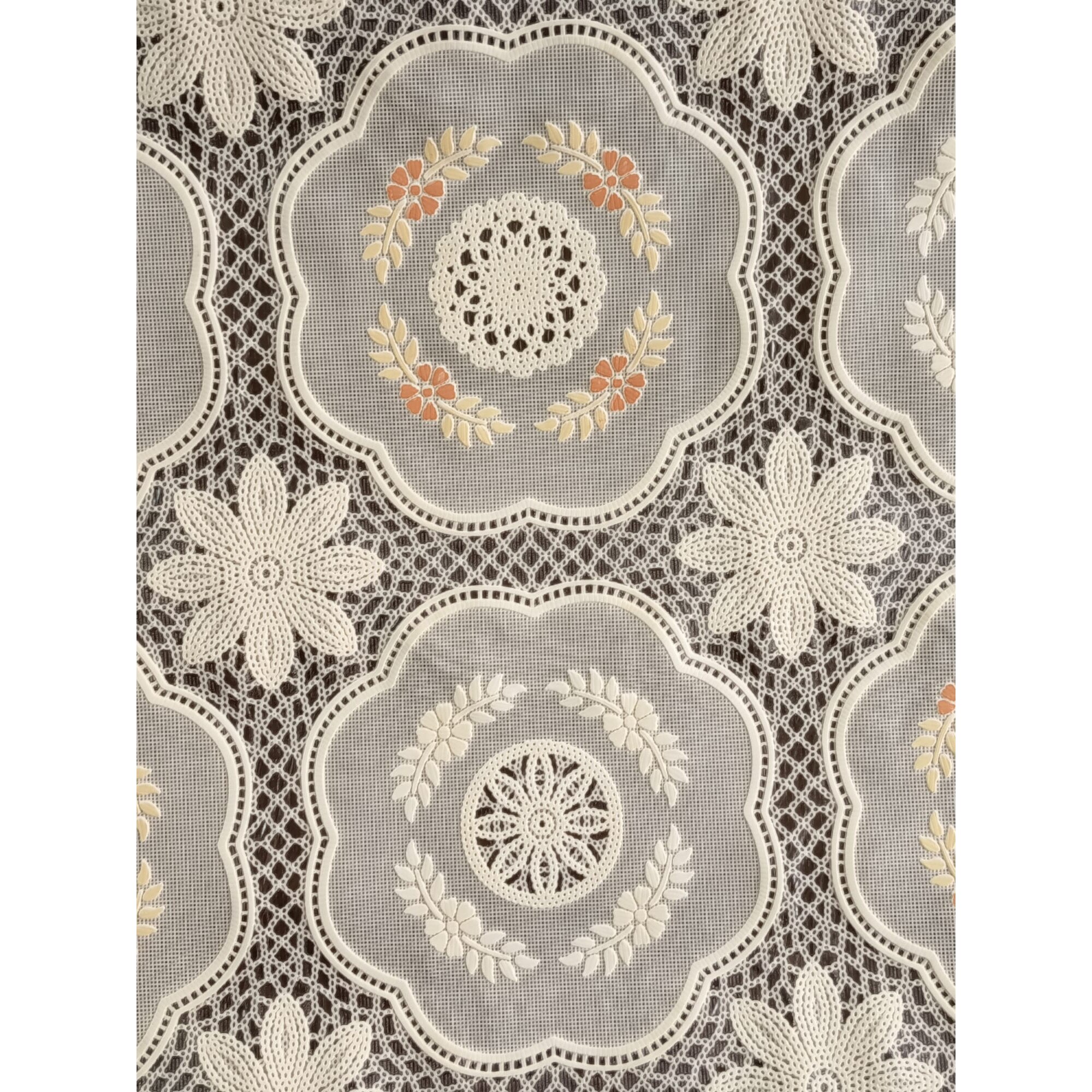Fata de masa din PVC semitransparent, crem-bej, model broderie florala ...