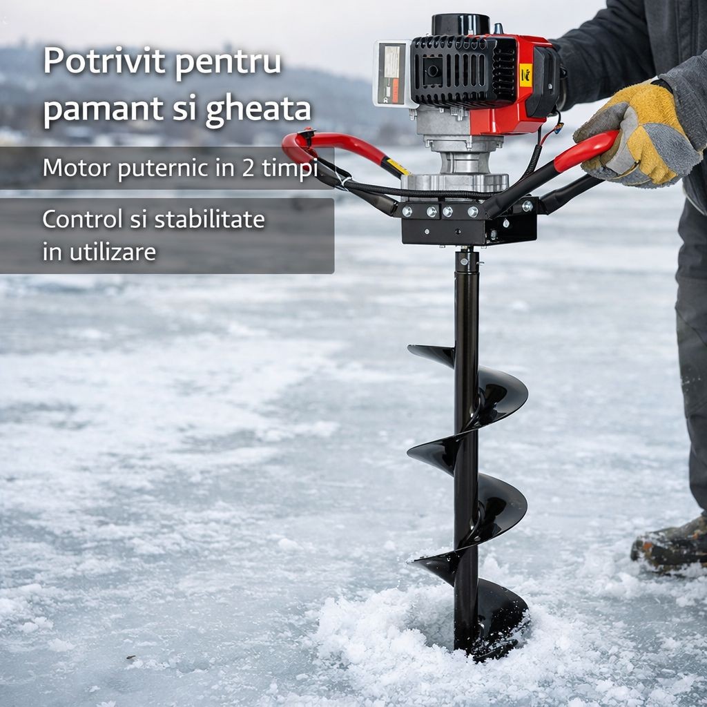 Motoburghiu pamant si gheata pe benzina cu 3 burghie 100/150/200 mm si ...