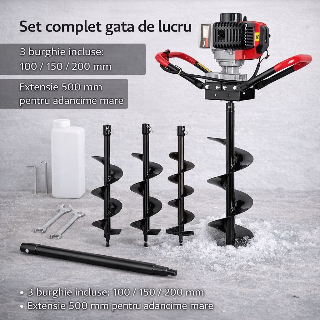 Motoburghiu pamant si gheata pe benzina cu 3 burghie 100/150/200 mm si ...