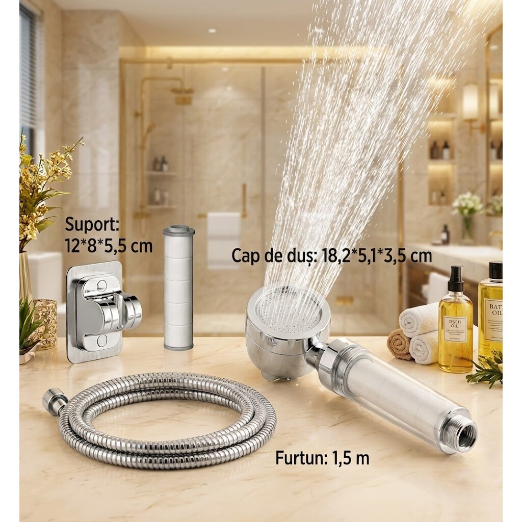 Set de dus, Charmorah, 3 moduri de pulverizare, Furtun de dus de 1.5 m ...