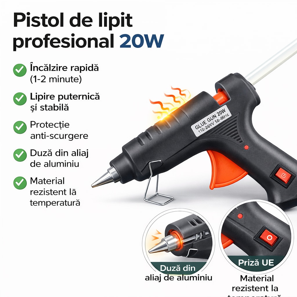 Pistol de lipit 20W cu 30 batoane adezive si geanta de depozitare ...