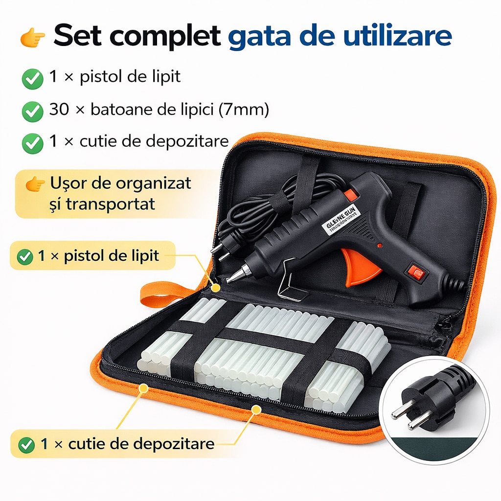 Pistol de lipit 20W cu 30 batoane adezive si geanta de depozitare ...