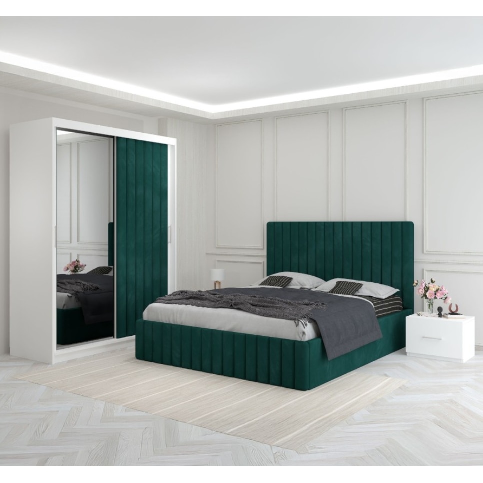Set Dormitor CELA Verde Pat 160x200, Dulap 150x208, Noptiera 48x32x35cm ...