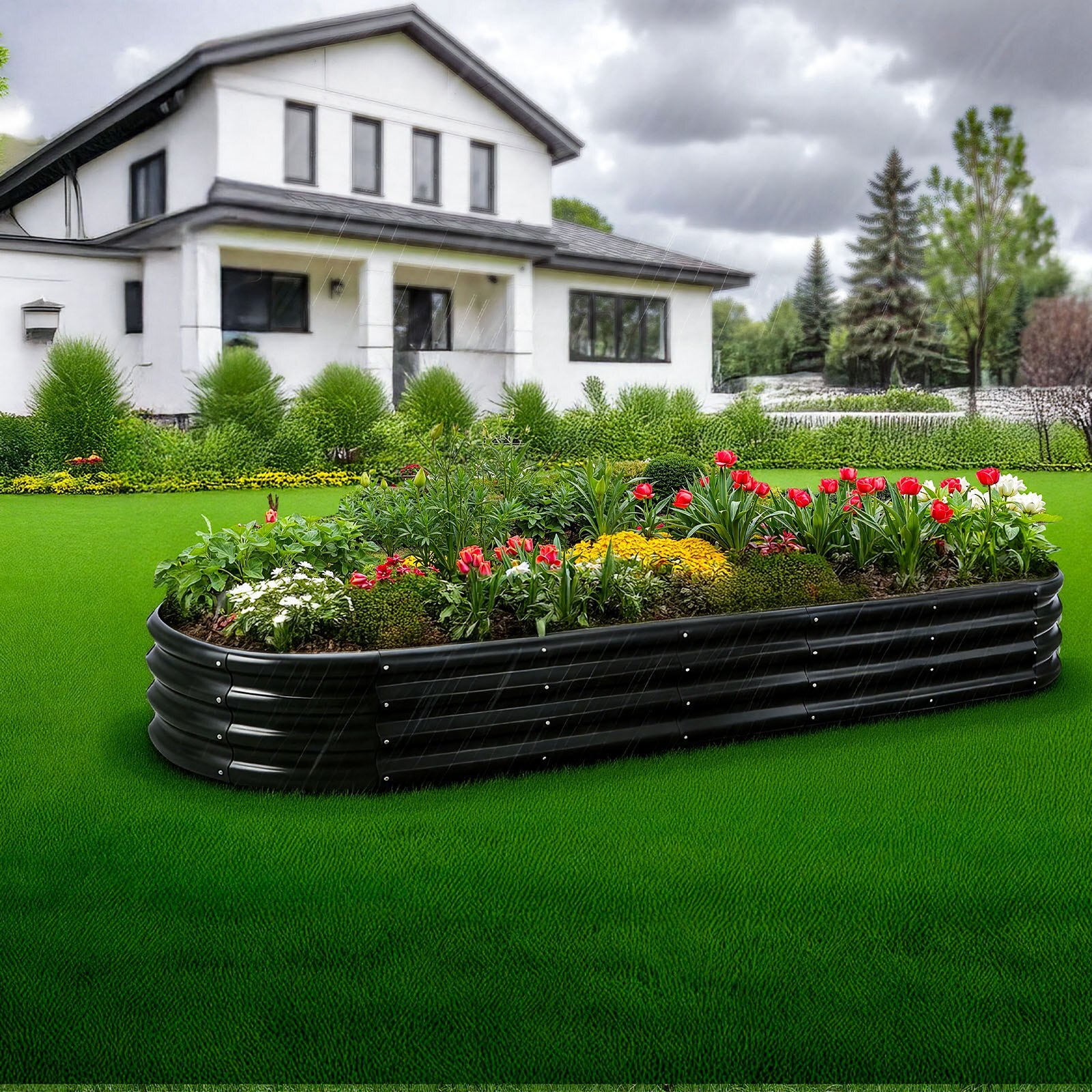 Strat de gradina inaltat din otel galvanizat, Oval 2, 4 x 0, 6 x 0, 3 m ...