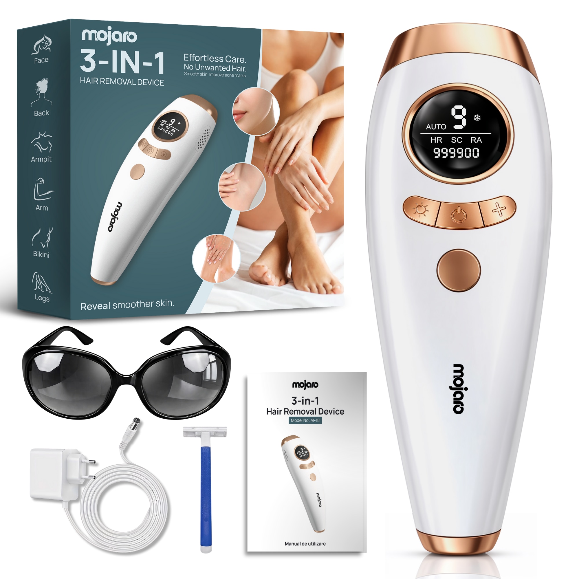 Epilator IPL 3 in 1 MOJARO, Epilare Definitiva Fara Durere, Tehnologie ...