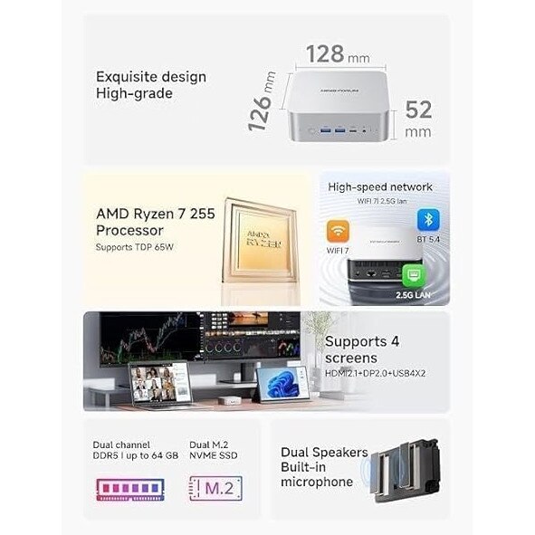 Mini PC MINIS FORUM AI X1-255, AMD Ryzen 7 255 (8 nuclee/16 fire de ...