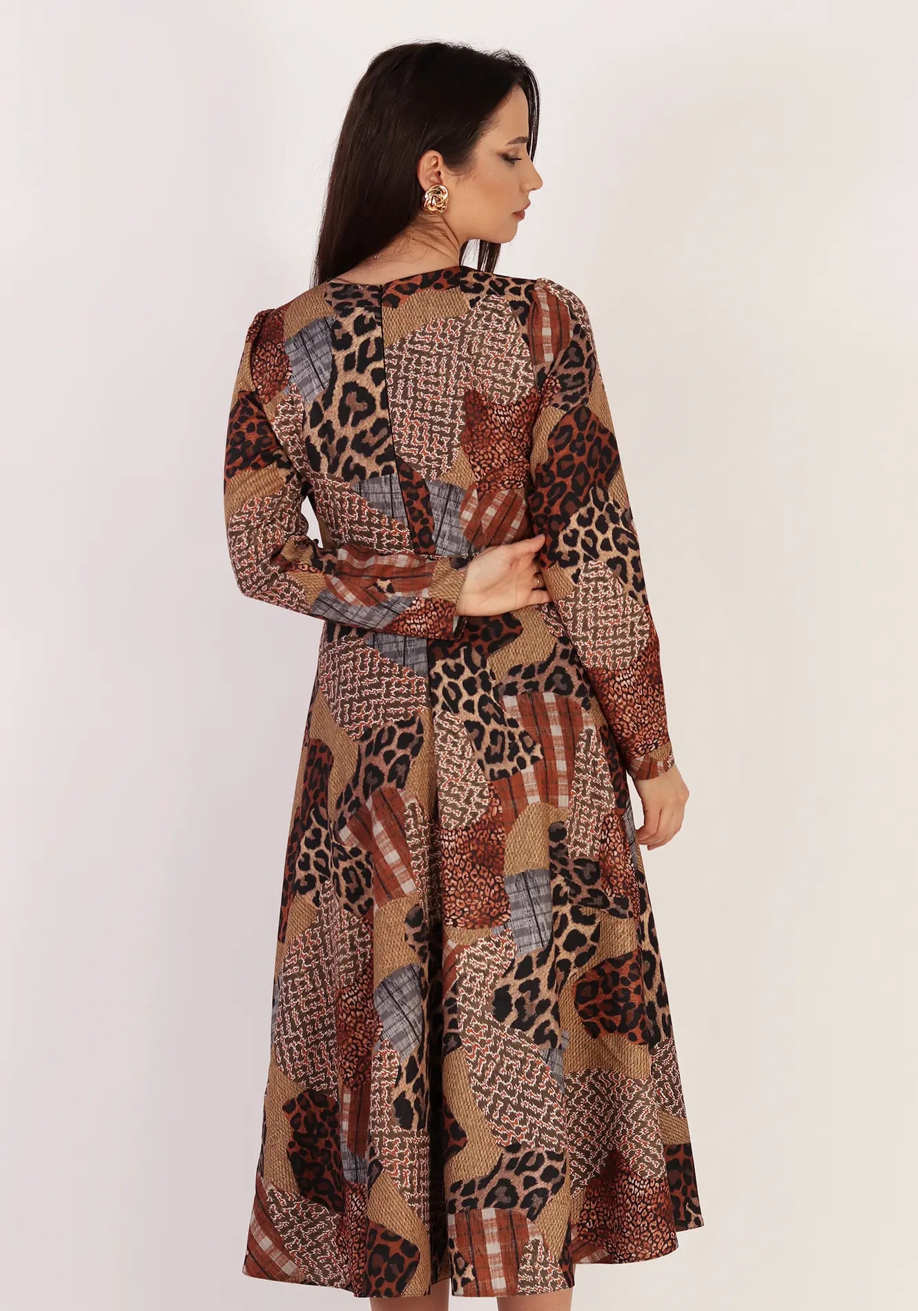 Rochie dama midi, clos, imprimeu patchwork animal print, cappuccino ...