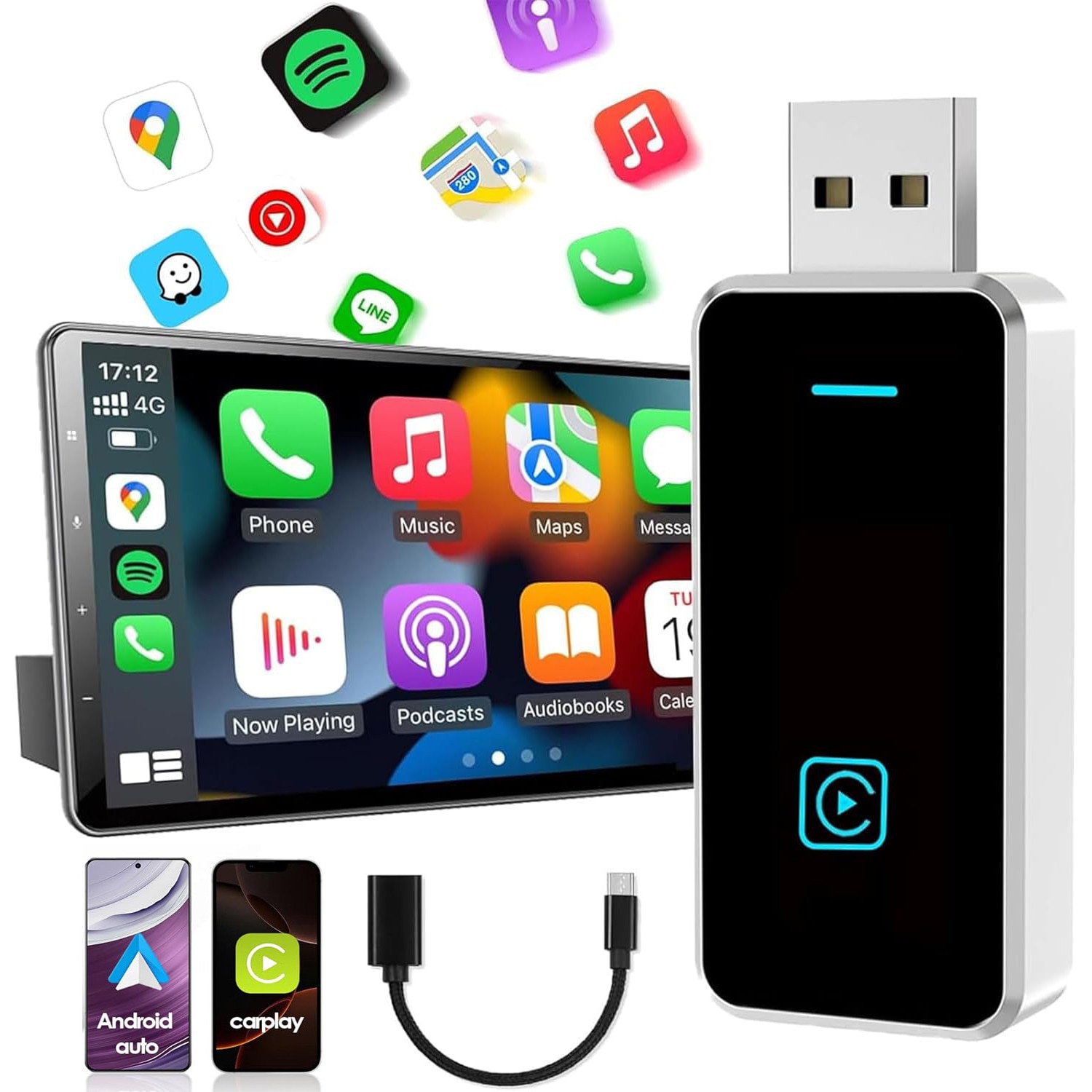 Adaptor Wireless CarPlay & Android Auto, 5.8GHz, Bluetooth 6 ...