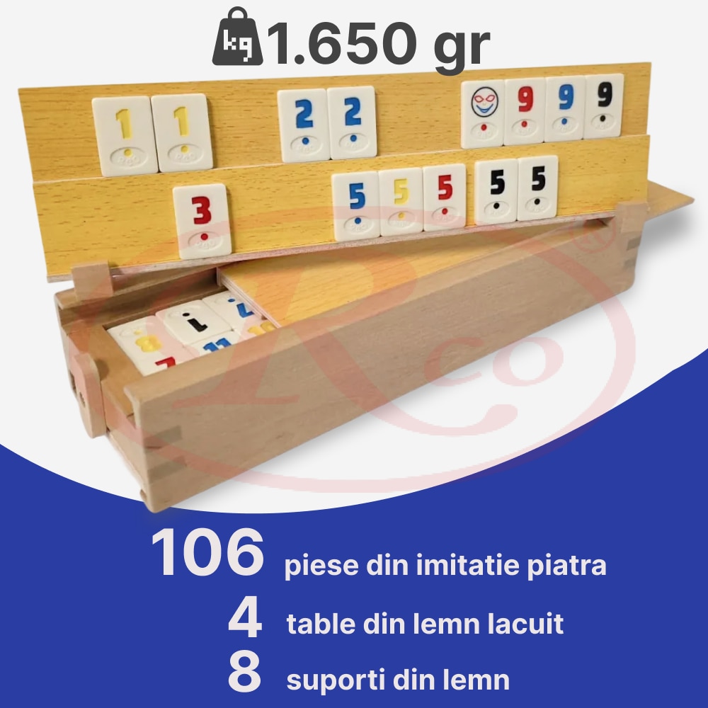 Joc Remi/Rummy RCO® – Set clasic in cutie din lemn, piese din piatra ...