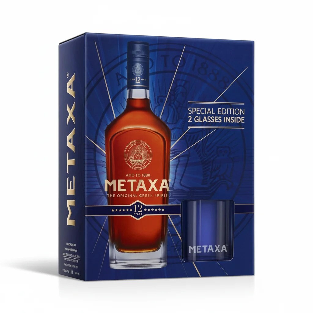 Coniac Metaxa 12 Stele, 40%, 0.7L, cu 2 Pahare - eMAG.ro