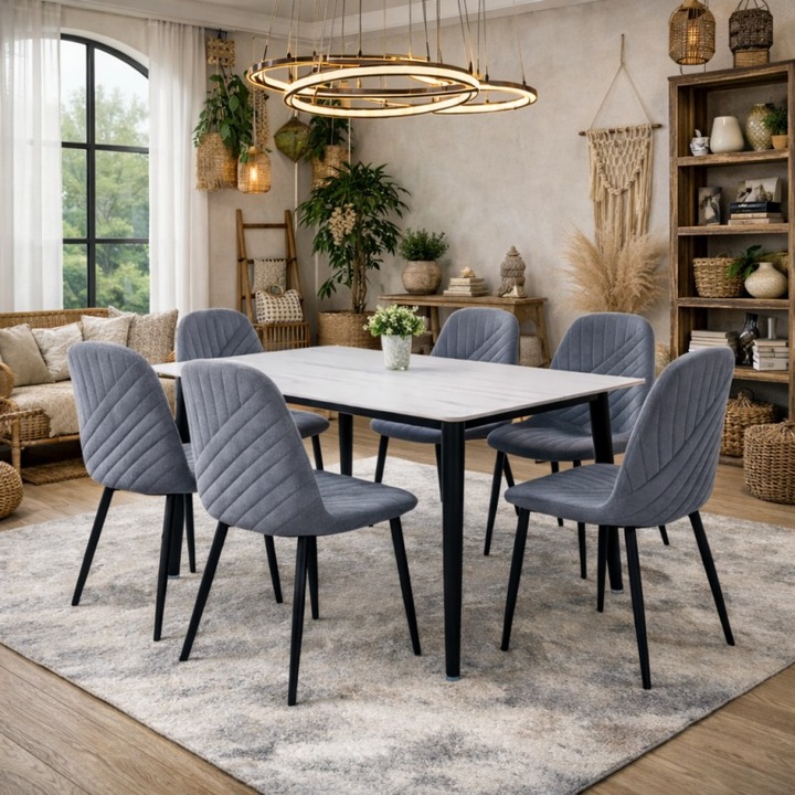 Set masa living Lineo FDT1, blat ceramica, 140x80x75 cm, alb/gri si 6 ...