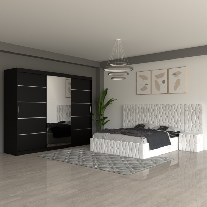 Set dormitor CELA Eric alb cu extensii, pat 180x200, dulap negru 250cm ...
