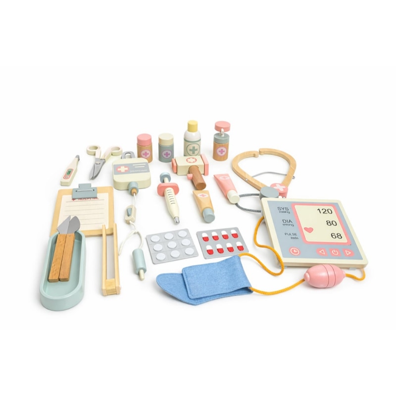 Carucior medical din lemn pentru copii, set doctor de jucarie, roz, 2 ...