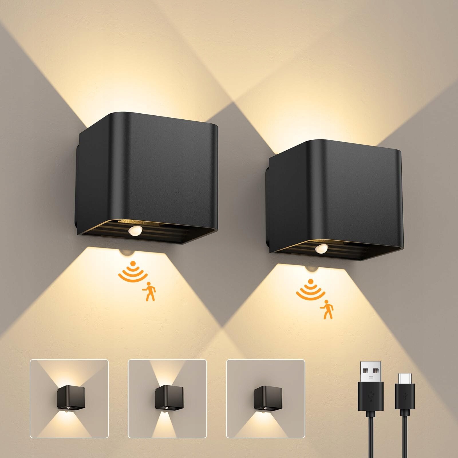 Lampa LED cu Senzor de Miscare IPX4 3000K Set 2 Bucati, Neagra ...