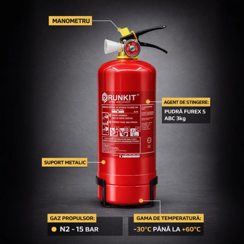 Stingator Extinctor cu pulbere P3, 3kg, manometru si suport de prindere ...