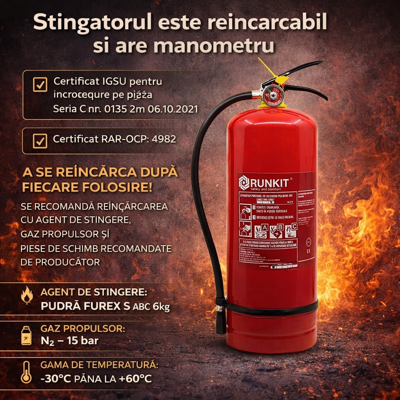 Extinctor Stingator cu pulbere P6, 6kg, manometru, suport de prindere ...