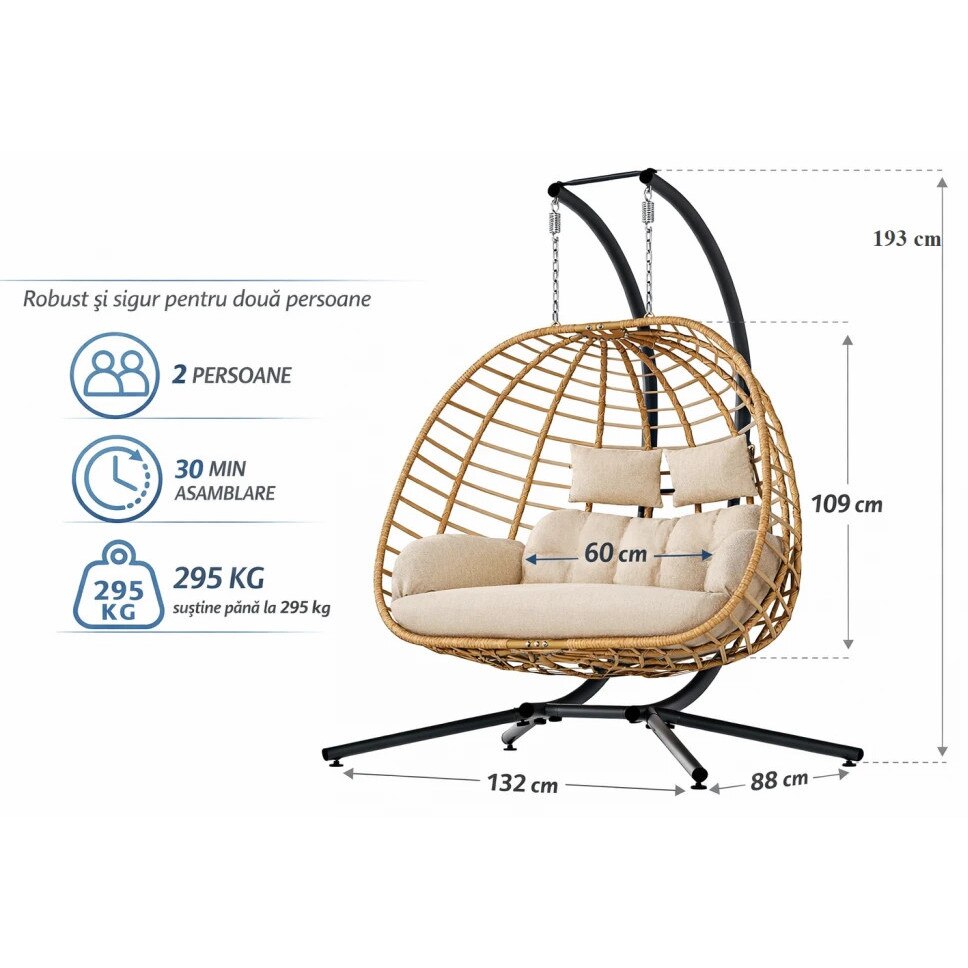 Leagan Tip Cuib Dublu Suspendat, TOPSCAUNE®, Balansoar pentru 2 ...