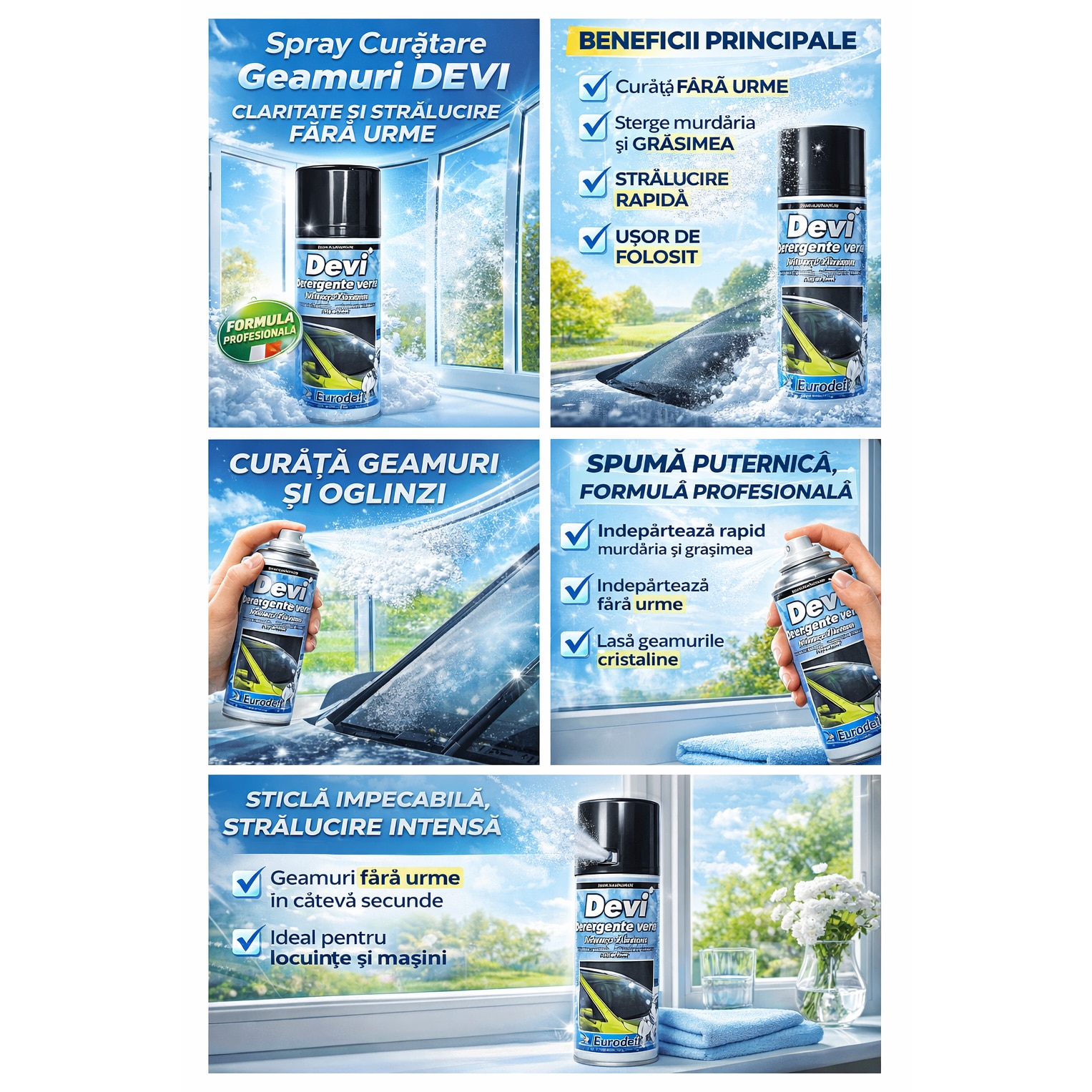 Spray Spuma Curatare Geamuri Devi 400 ml, Curatare fara Urme pentru ...