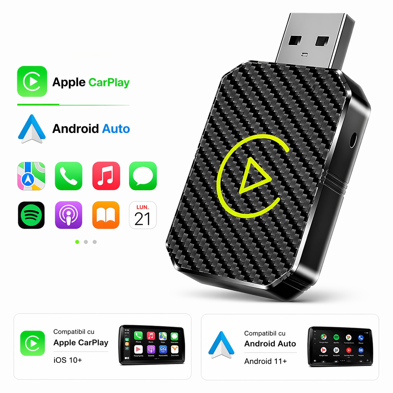 Adaptor CarPlay Wireless si Android Auto Wireless 2-in-1, Xrok ...