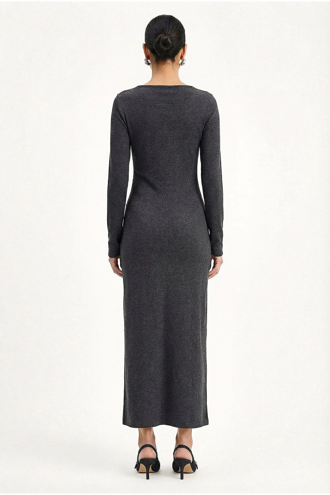 Rochie midi dama, Bianco Lucci, bodycon, gri carbune, jerseu, L INTL ...