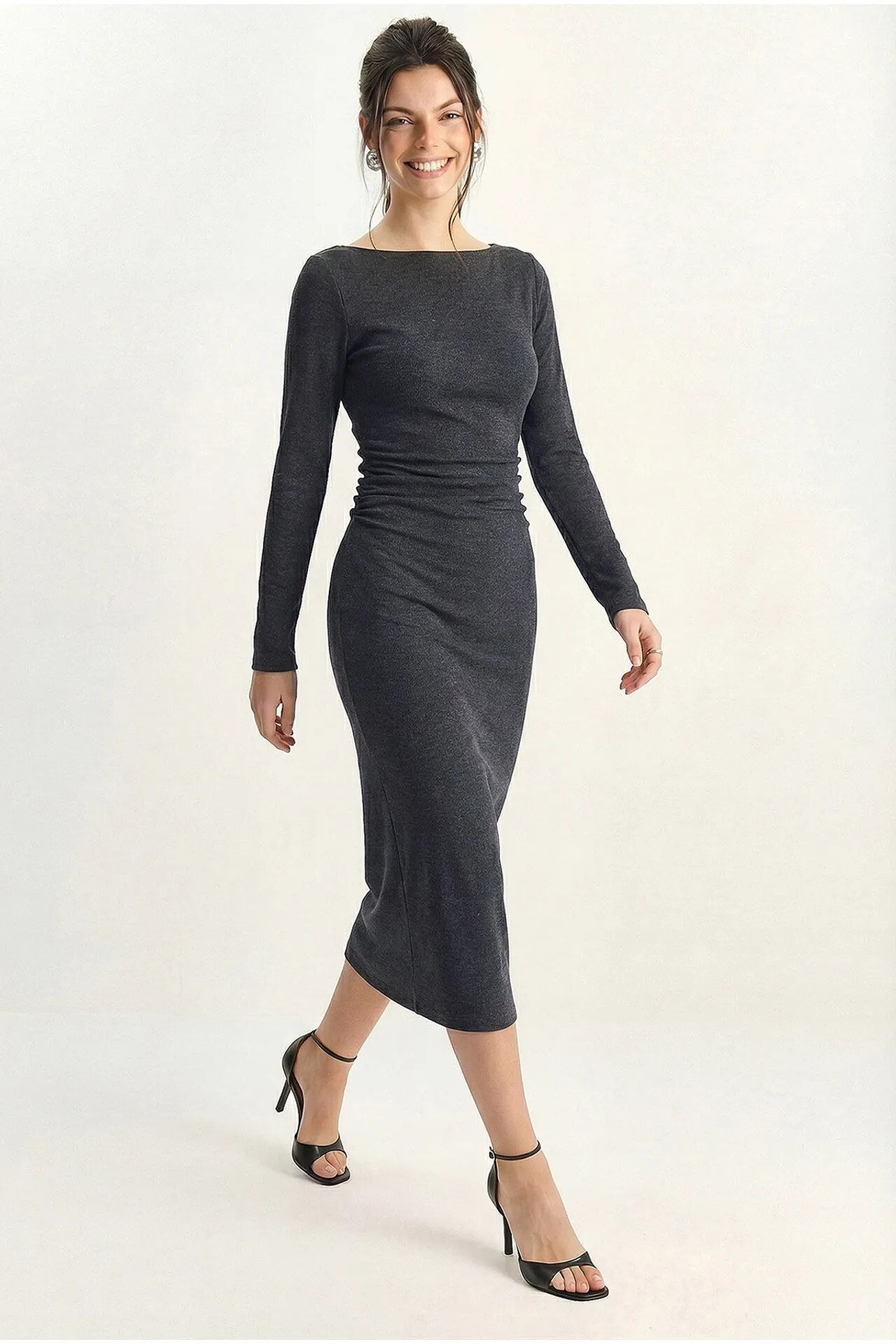 Rochie midi dama, Bianco Lucci, bodycon, gri carbune, jerseu, L INTL ...