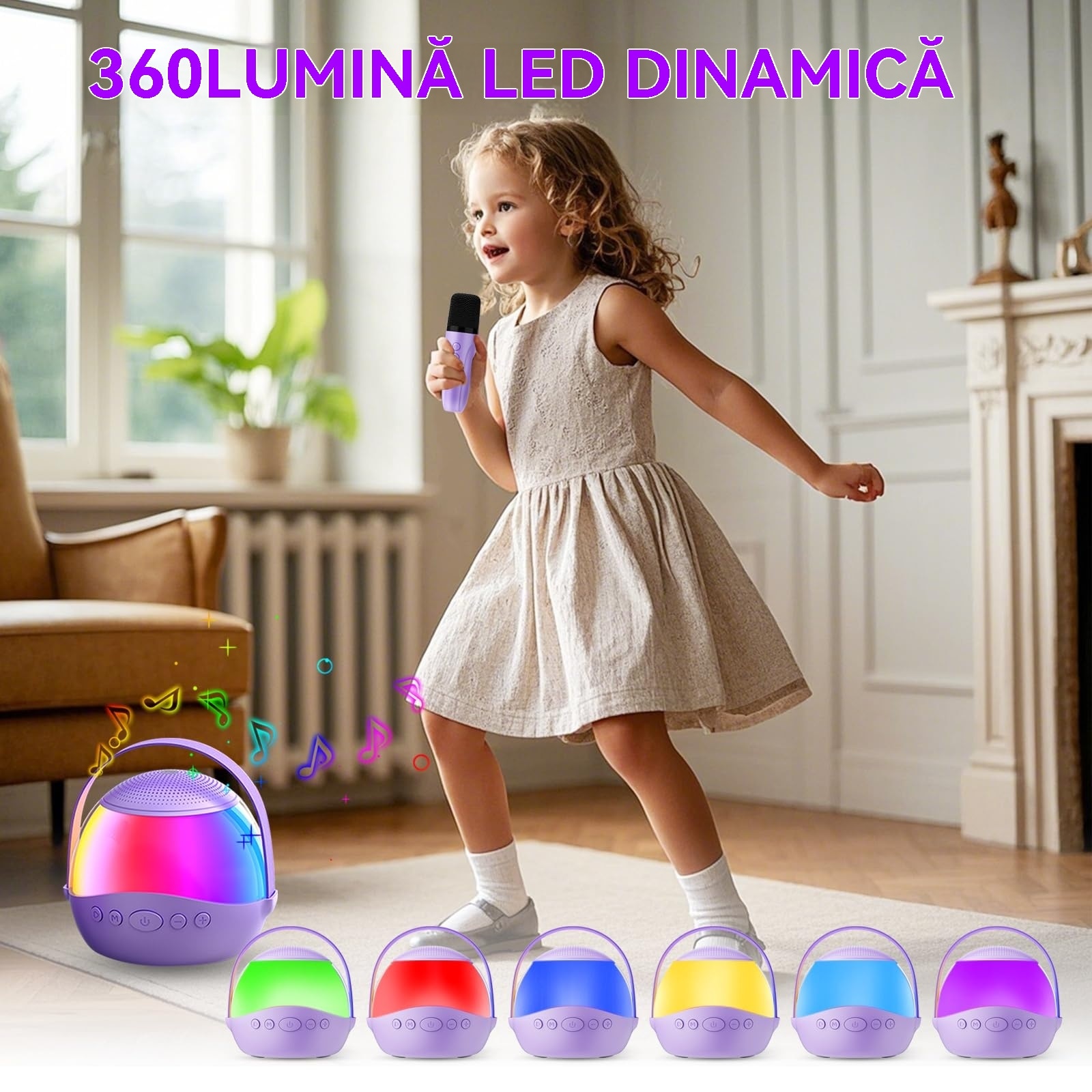 Boxe karaoke portabile cu 2 microfoane wireless, LED si husa ...