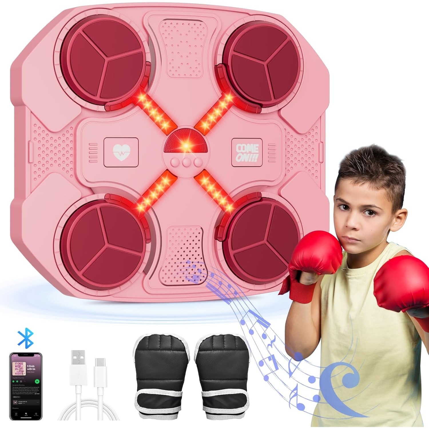 Aparat de box muzical, Bluetooth, reglare volum, LED, roz, 32x28x4cm ...