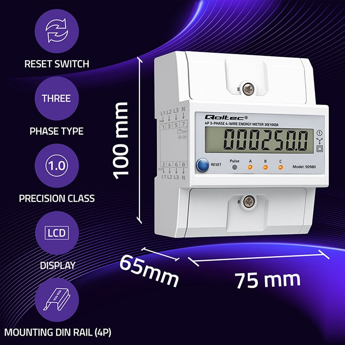 Contor electric trifazat, montare pe sina DIN, LCD 6+1, 10A (100A max ...