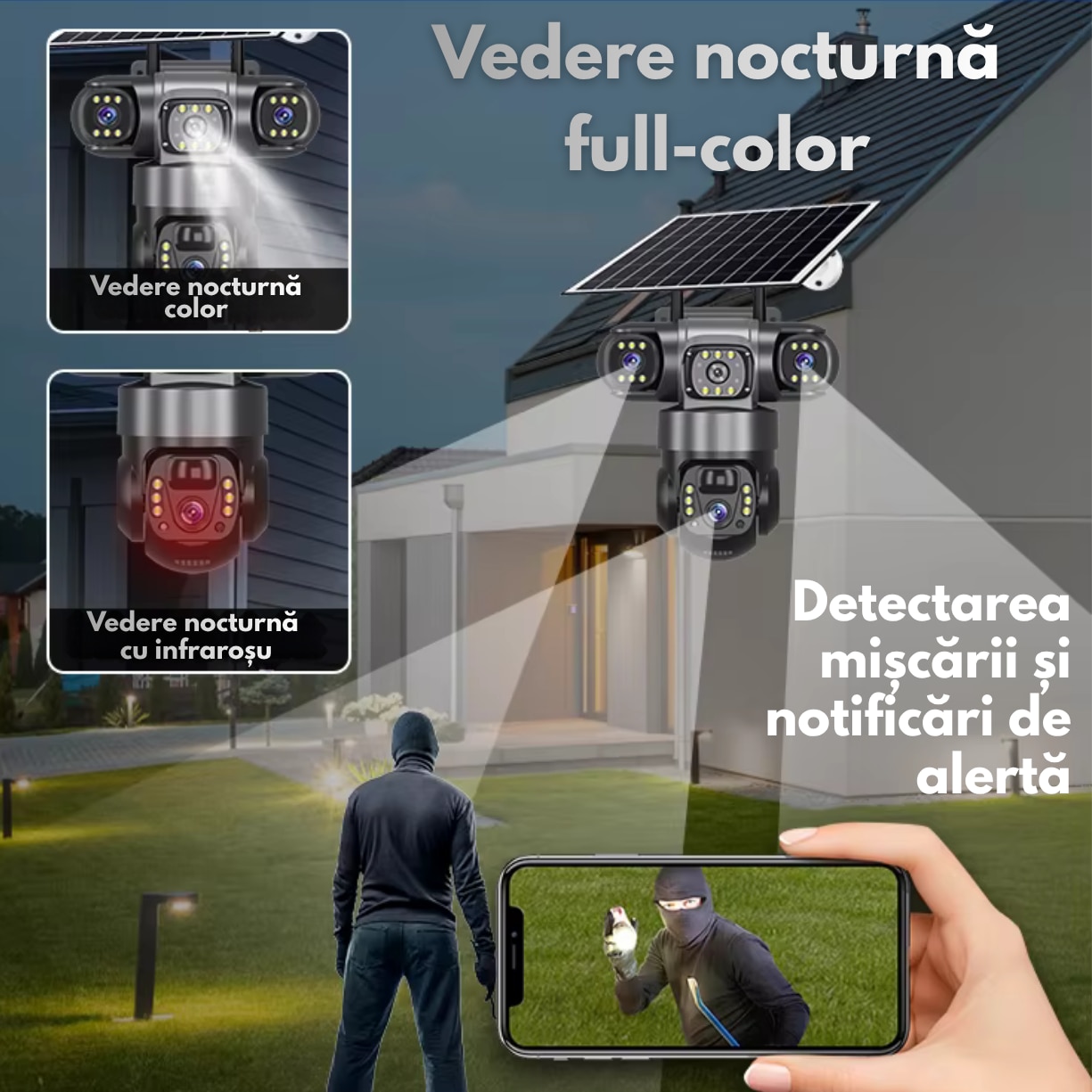 Camera de supraveghere video tripla cu panou solar si cartela SIM 4G ...