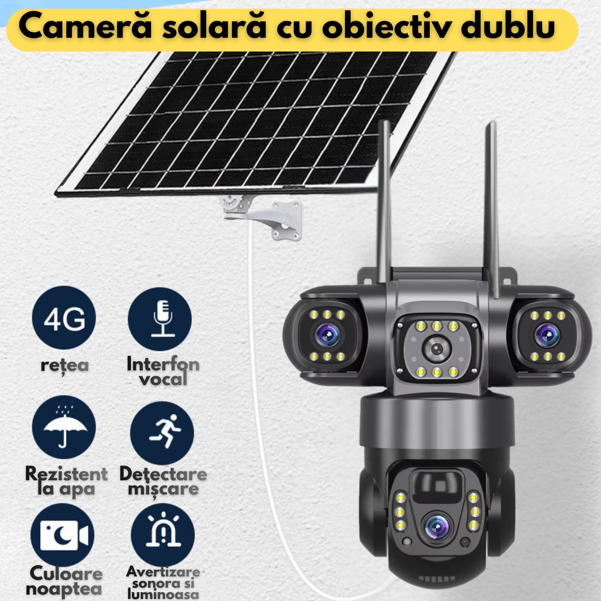 Camera de supraveghere video tripla cu panou solar si cartela SIM 4G ...