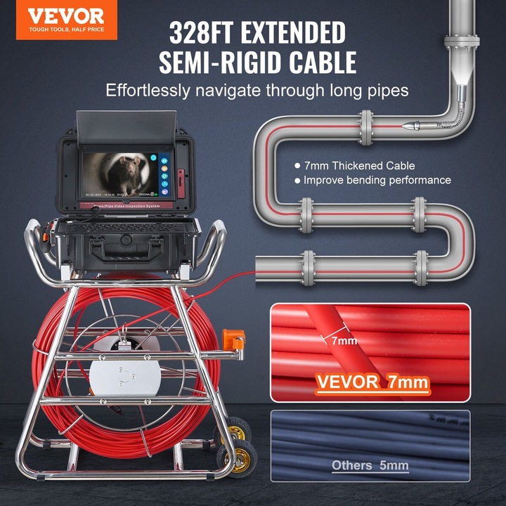 Camera de canalizare VEVOR, 100m, ecran tactil 10.1", 12 LED-uri, cablu ...