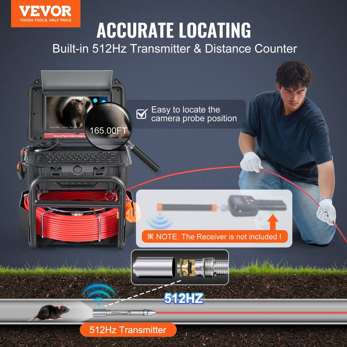 Camera de canalizare VEVOR, 165 ft/50m, ecran tactil 10.1", cablu semi ...