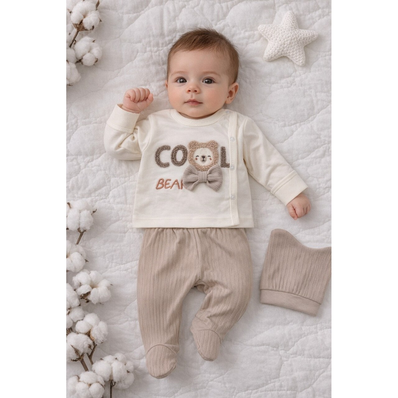 Set bebe baiat 3 piese cool bear bluza pantaloni si caciulita crem bej ...
