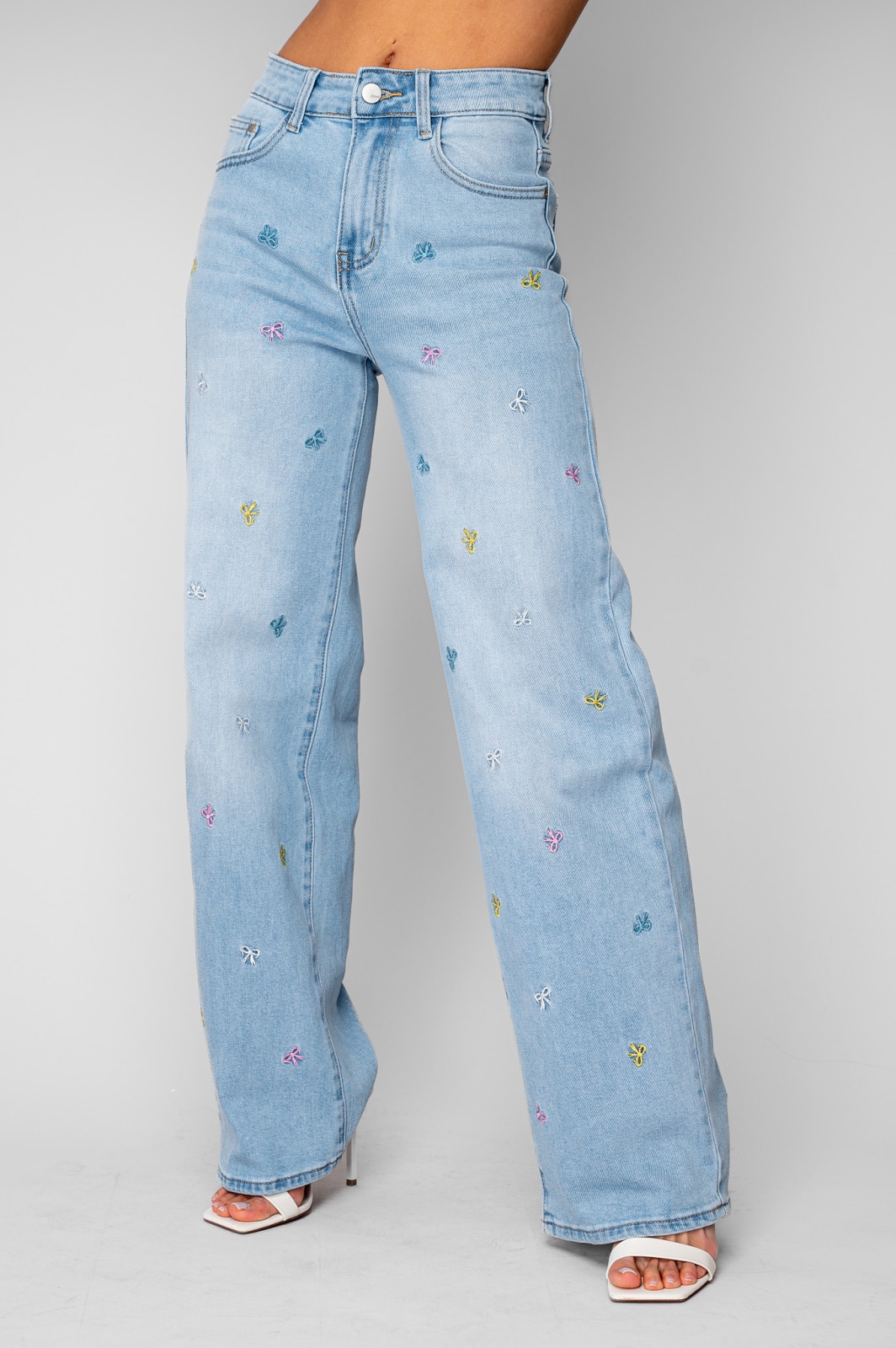 Blugi lungi elastici cu broderie fundite Light Blue Light Blue XS INTL ...
