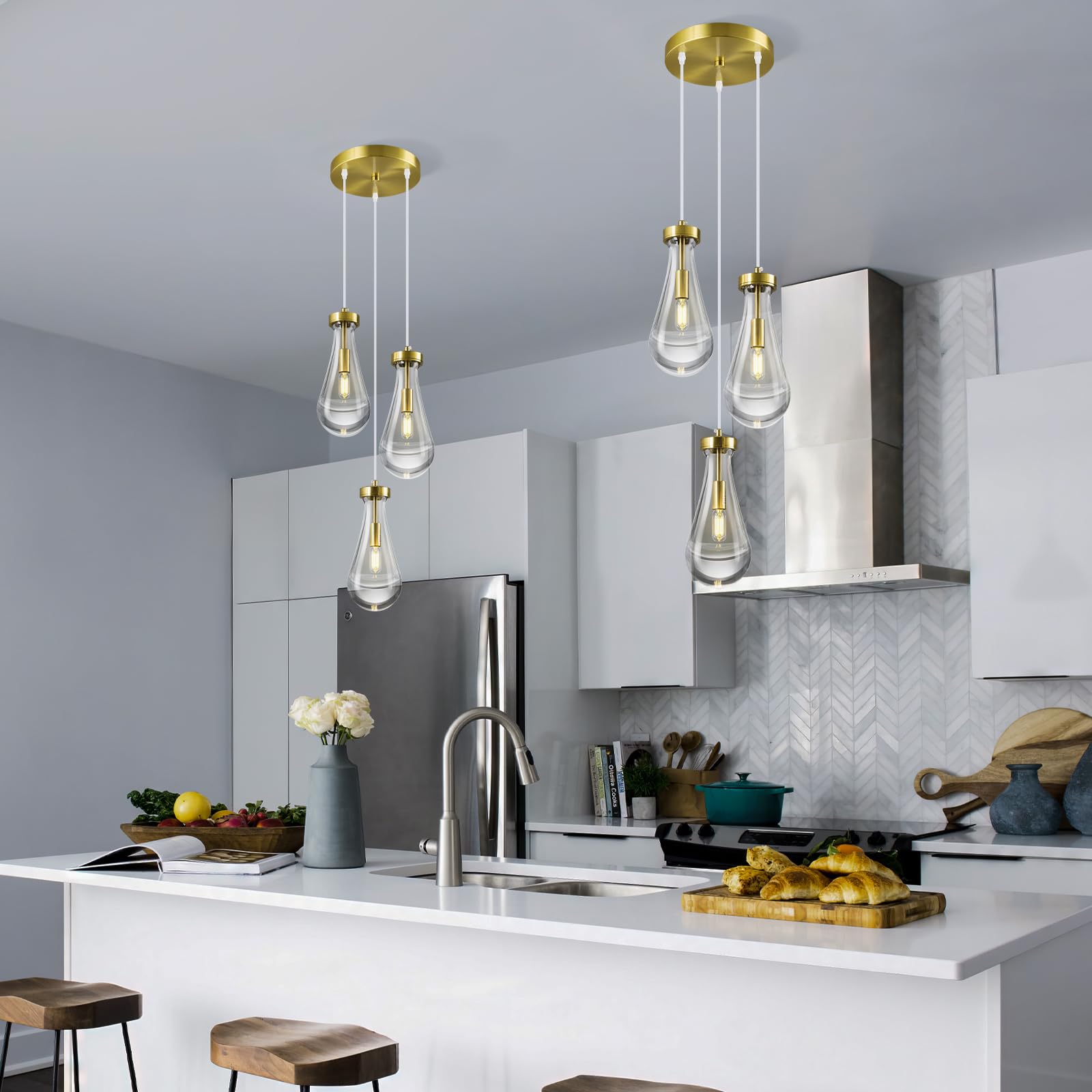 Pendul LED tip candelabru Raindrop, cristal si sticla, pentru insula ...